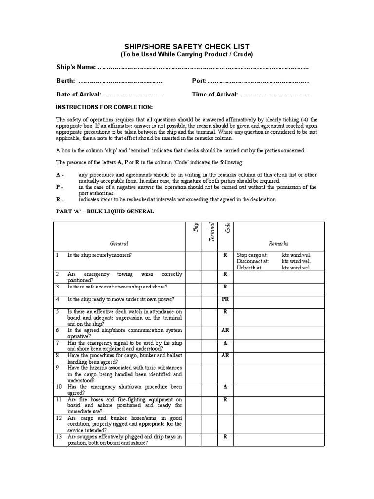 Ship/Shore Safety Check List | PDF | Oil Tanker | Ships