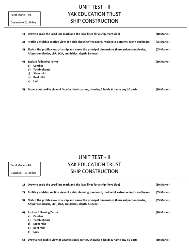 Yak Education Trust Ship Construction Total Marks 40 Duration 01