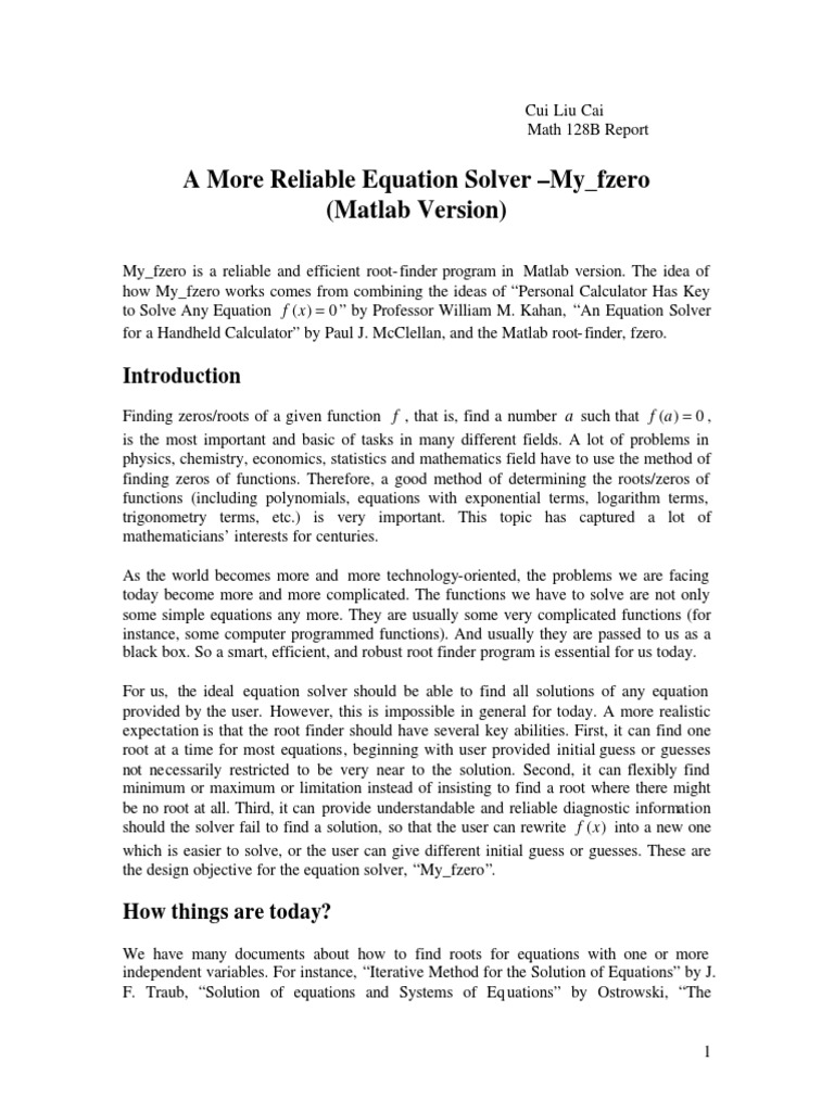 A More Reliable Equation Solver - My - Fzero (Matlab Version) | PDF ...