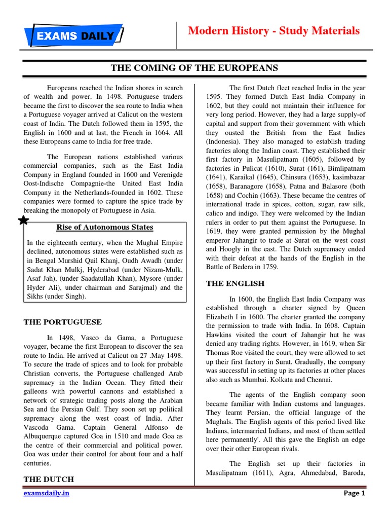 Modern History - Study Materials: The Coming of The Europeans | PDF