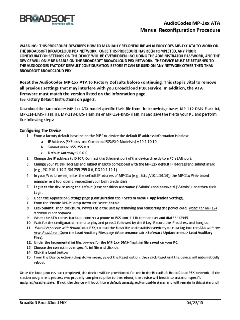 Audiocodes Mp-1Xx Ata Manual Reconfiguration Procedure: Factory Default ...