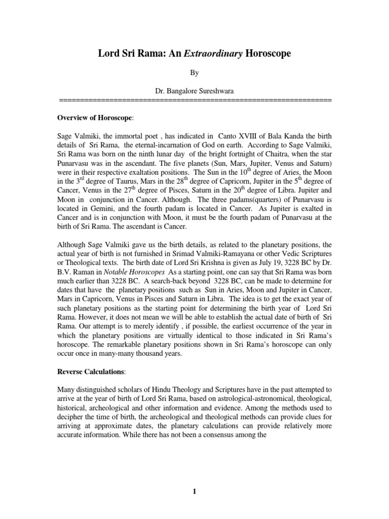 Lord Sri Rama: An Extraordinary Horoscope | PDF | Planets In Astrology ...