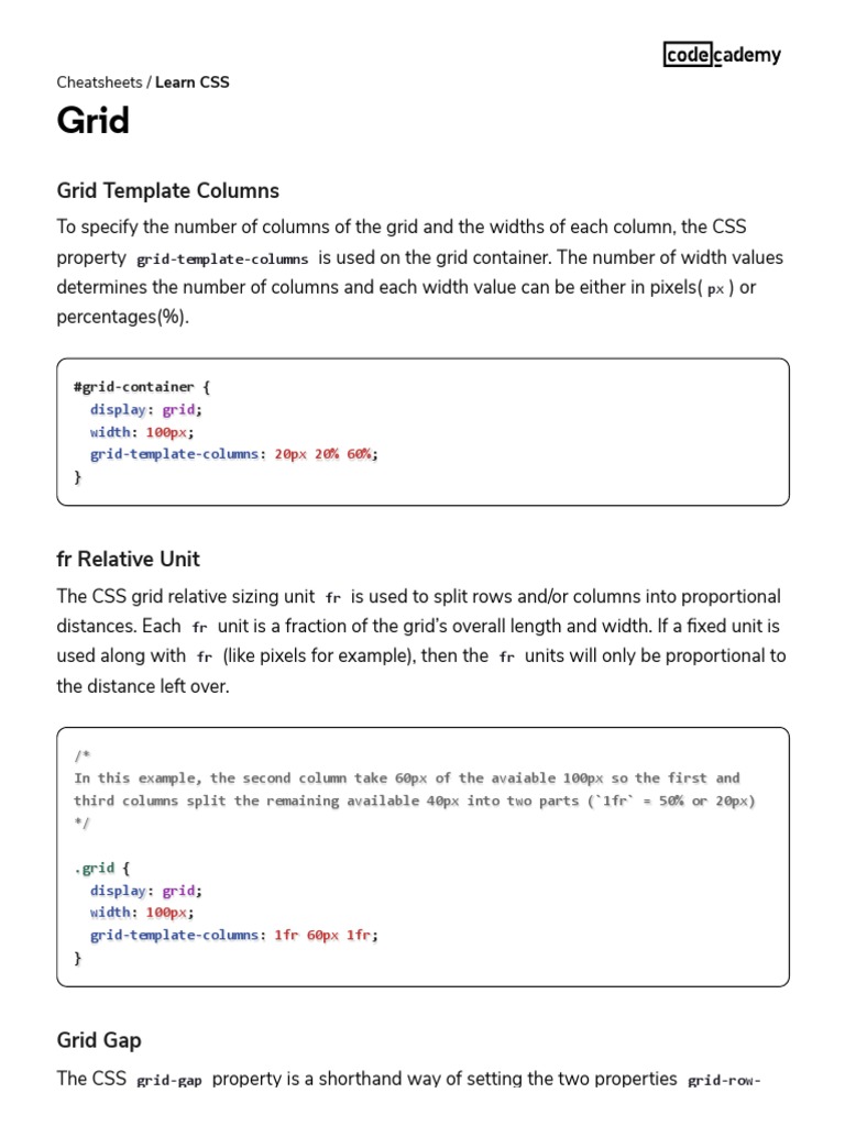 Grid Cheatsheet - Codecademy | PDF | Cascading Style Sheets | Html Element