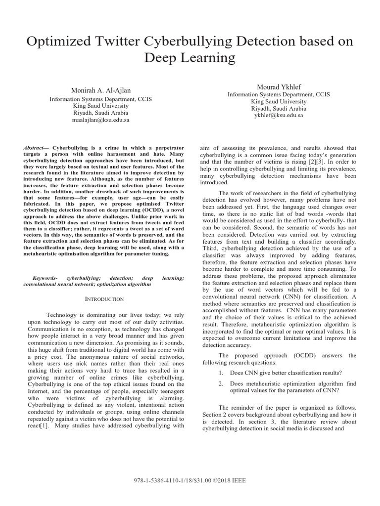 Optimized Twitter Cyberbullying Detection Based On Deep Learning | PDF ...