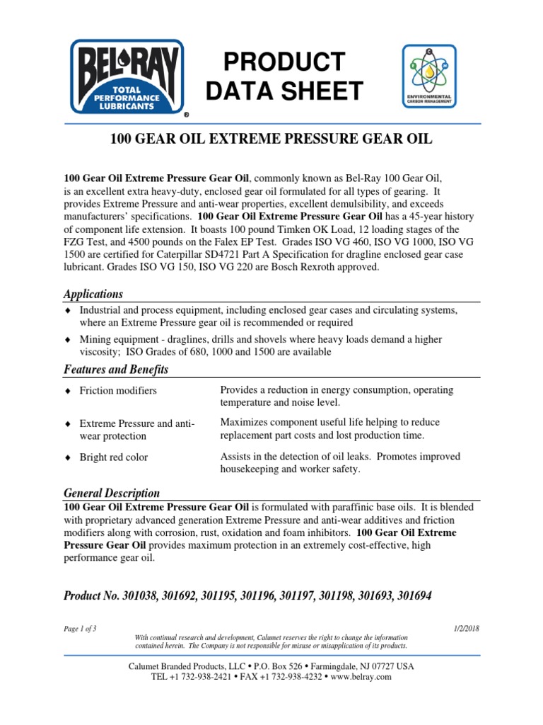 Product Data Sheet: 100 Gear Oil Extreme Pressure Gear Oil | PDF ...
