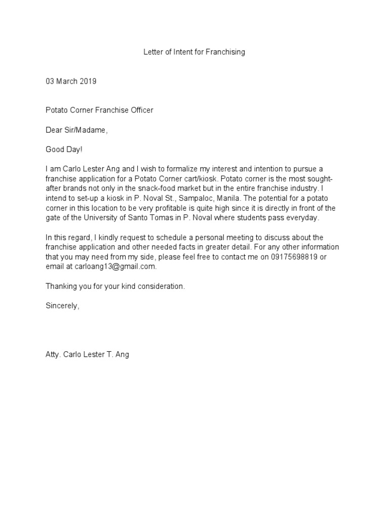 Letter of Intent For Franchising | PDF