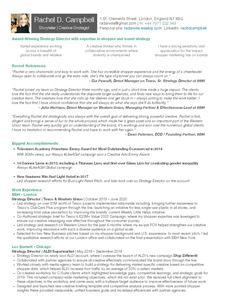 Rachel D Campbell CV | PDF | Tesco | Strategist