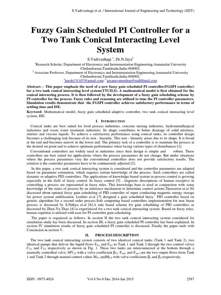 Fuzzy Gain Scheduled PI Controller For A Two Tank Conical Interacting Level System | PDF ...