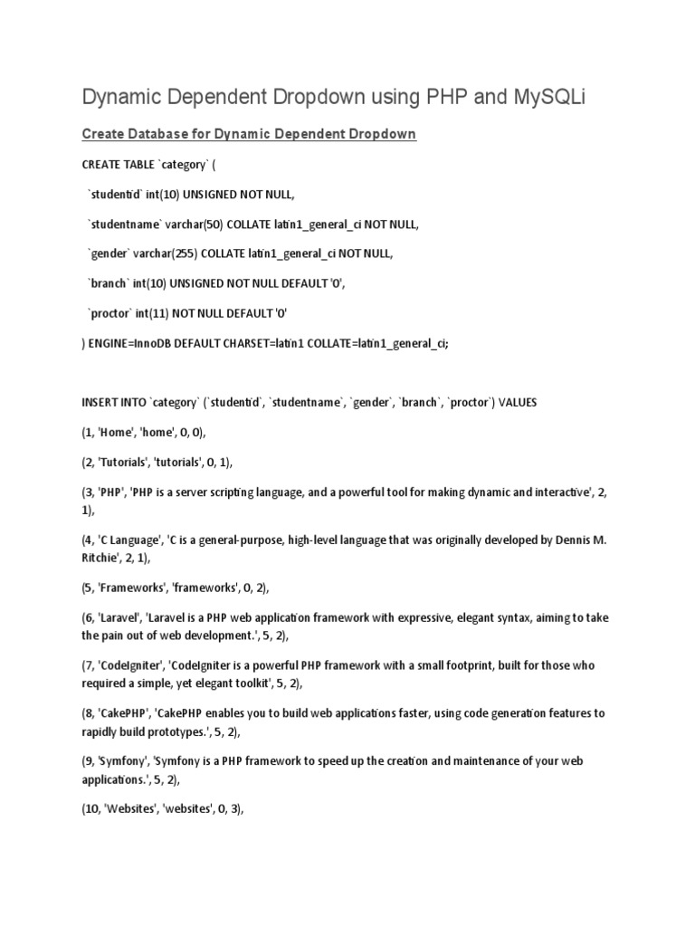 Dynamic Dependent Dropdown Using Php And Mysqli Download Free Pdf Php Computer Programming