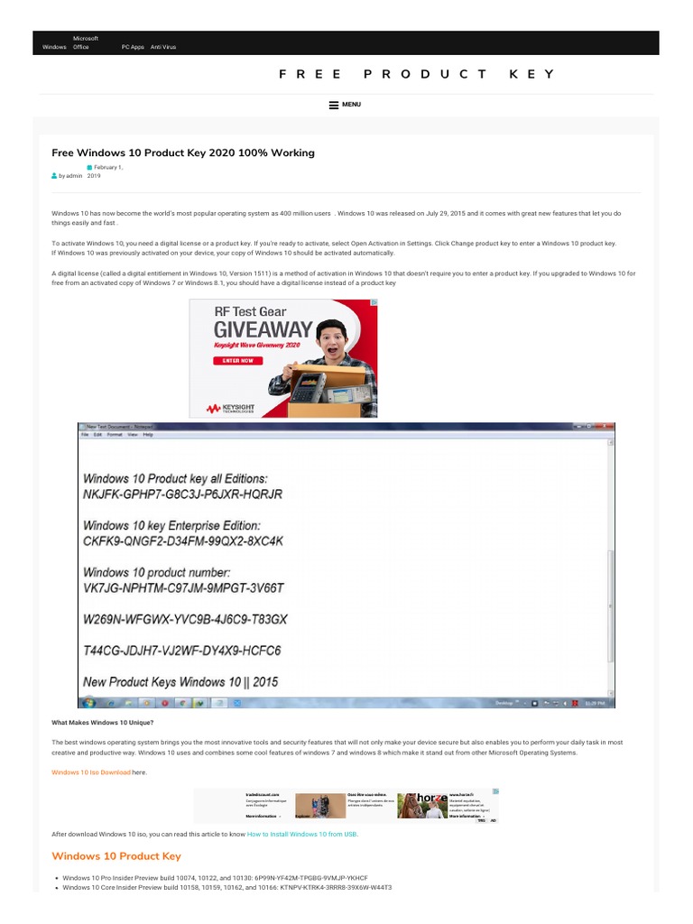 Free Windows 10 Product Key 2020 100% Working | PDF | Windows 10 ...