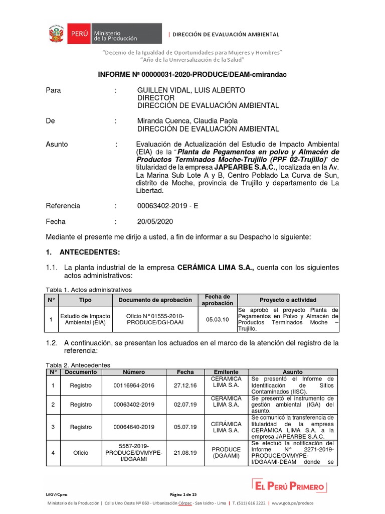 Informe 31-2020-Deam-Cmirandac | PDF | Evaluación de impacto ambiental | Residuos