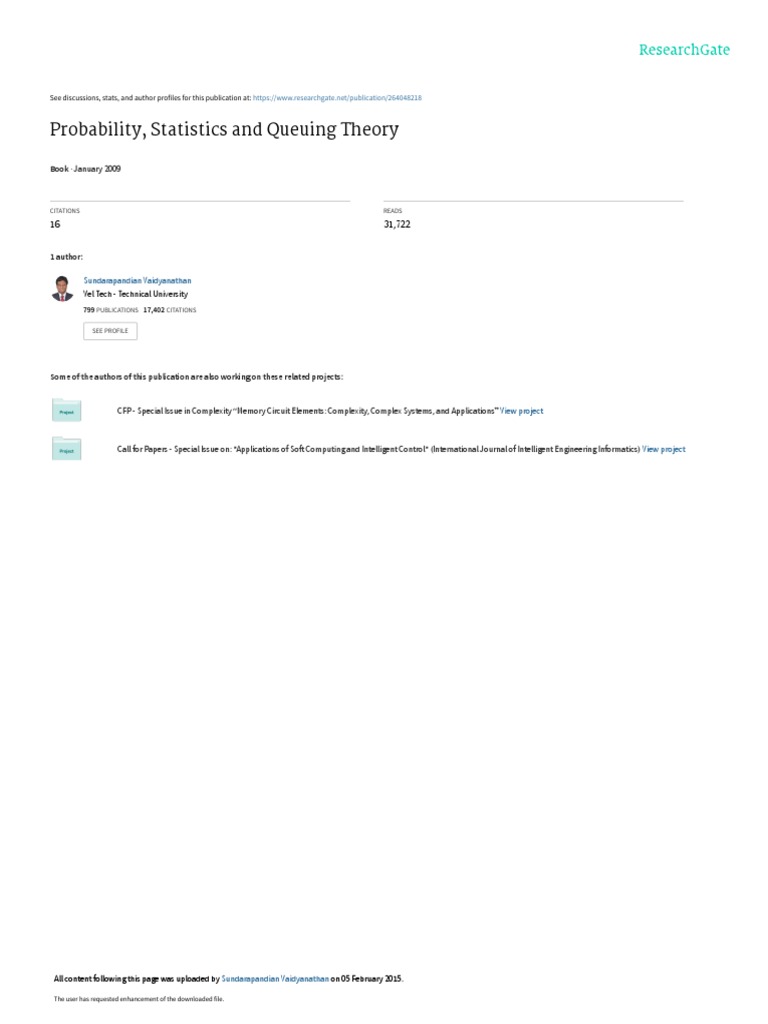 Probability, Statistics and Queuing Theory: Sundarapandian Vaidyanathan ...