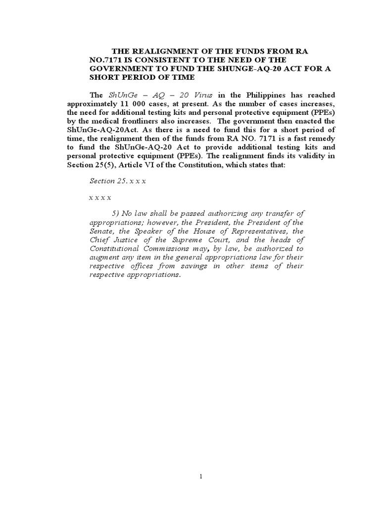 The Realignment of The Funds From Ra No.7171 Is Consistent To The Need ...