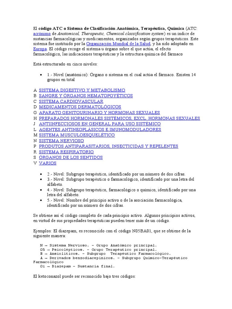 El Código ATC o Sistema de Clasificación Anatómica | PDF