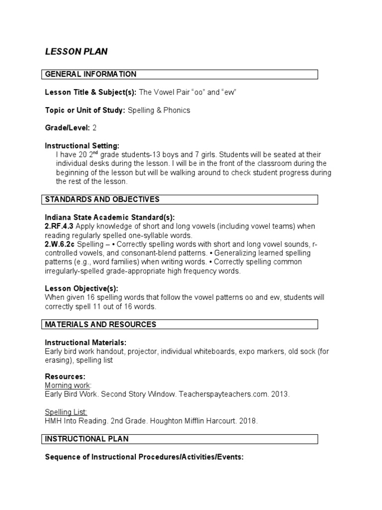 Vowel Pair Oo Ew Lesson Plan | PDF | Differentiated Instruction ...