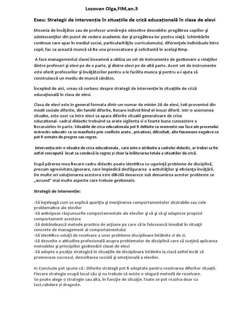 Strategii Deinterventie in Situatie de Criza Educationala in Clasa de Elevi | PDF