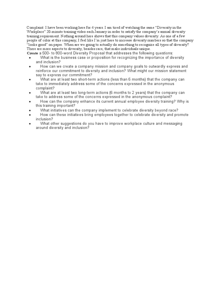Create A 500-To 800-Word Diversity Proposal That Addresses The ...