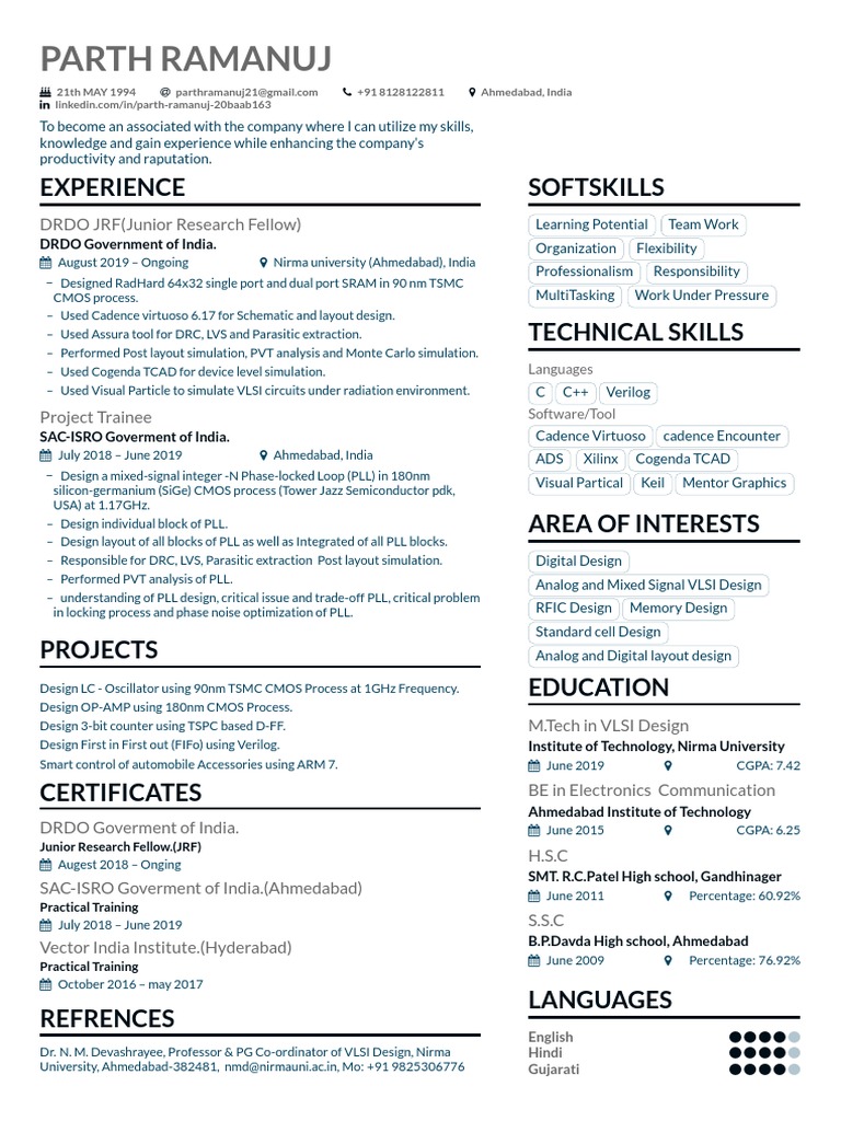 A Concise Resume for Parth Ramanuj Highlighting His Experience in VLSI ...
