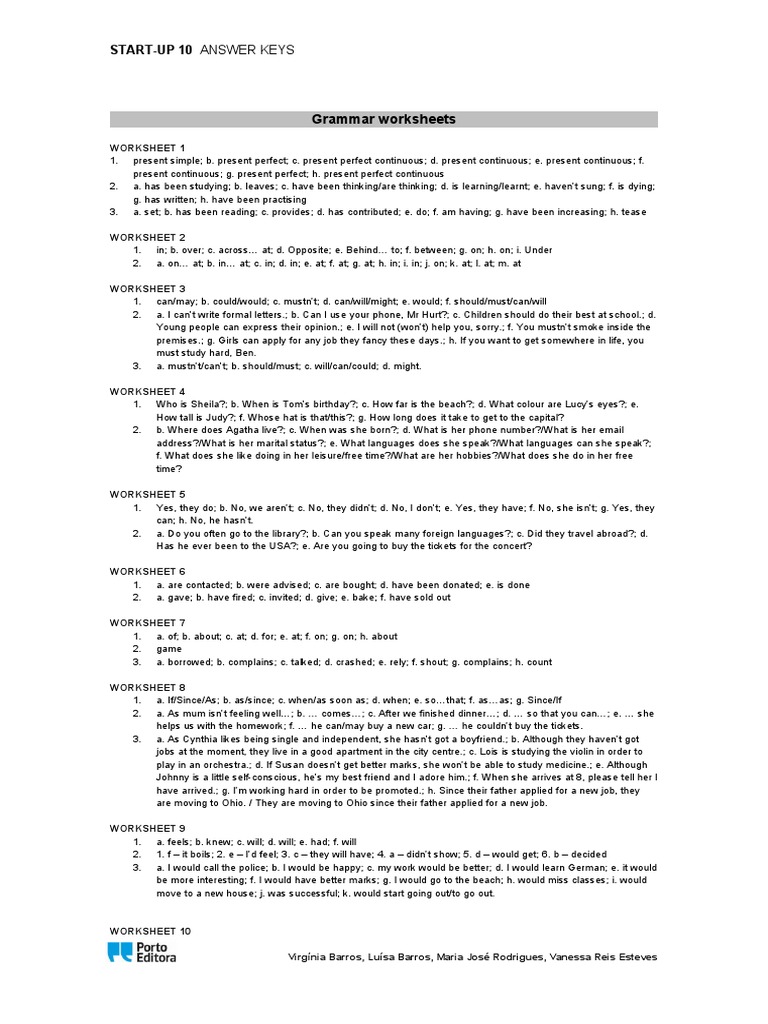 Start-Up 10 Answer Keys: Grammar Worksheets | PDF