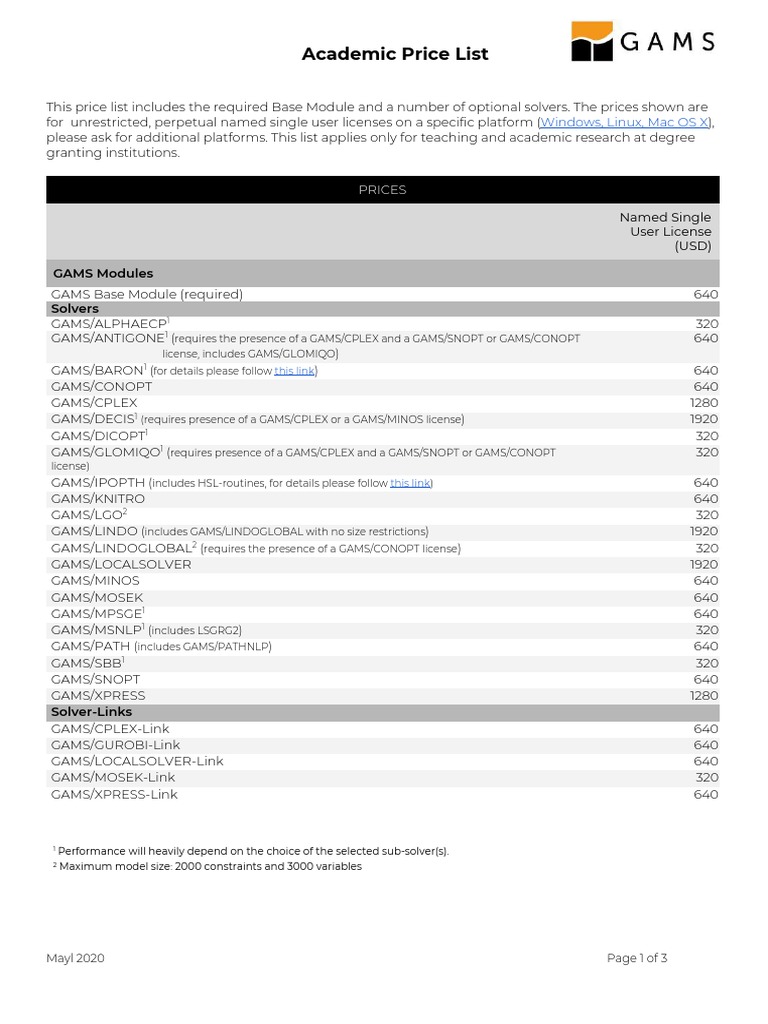 GAMS Academic Price List May 2020 | PDF | License | Cross Platform Software