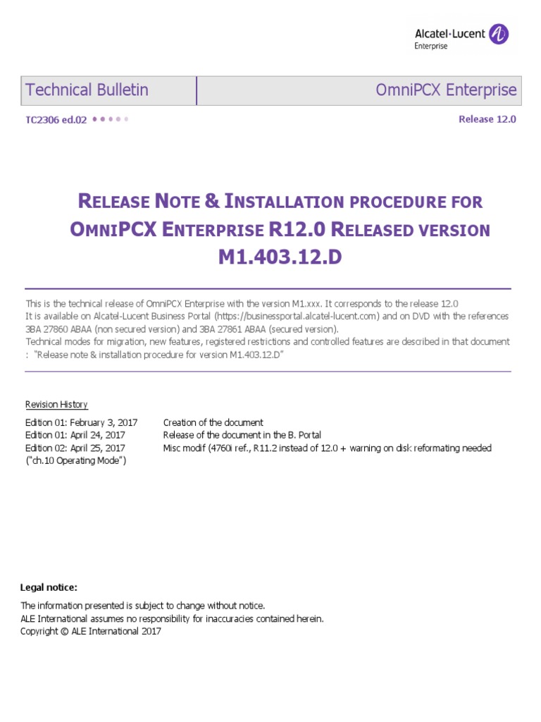 TC2306en-Ed02 Release Note and Installation Procedure OmniPCX ...