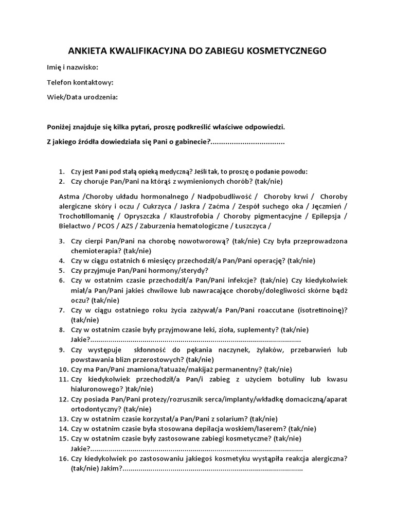 Ankieta Kwalifikacyjna Do Zabiegu Kosmetycznego | PDF