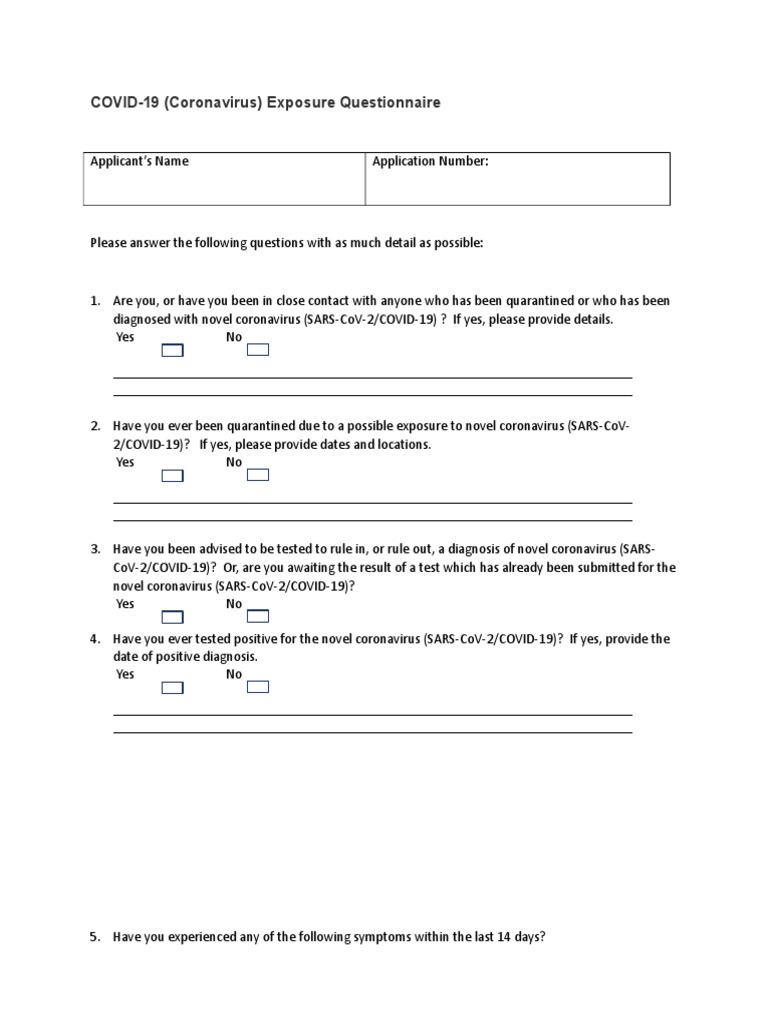 COVID-19 (Coronavirus) Exposure Questionnaire | PDF | Wellness ...