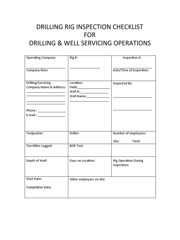 Drilling Rig Safety Inspection Checklist | PDF | Personal Protective Equipment | Pump