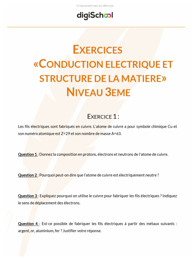 Exercices Conduction Electrique Et Structure de La Matiere Physique Chimie 3eme | PDF | Ion ...