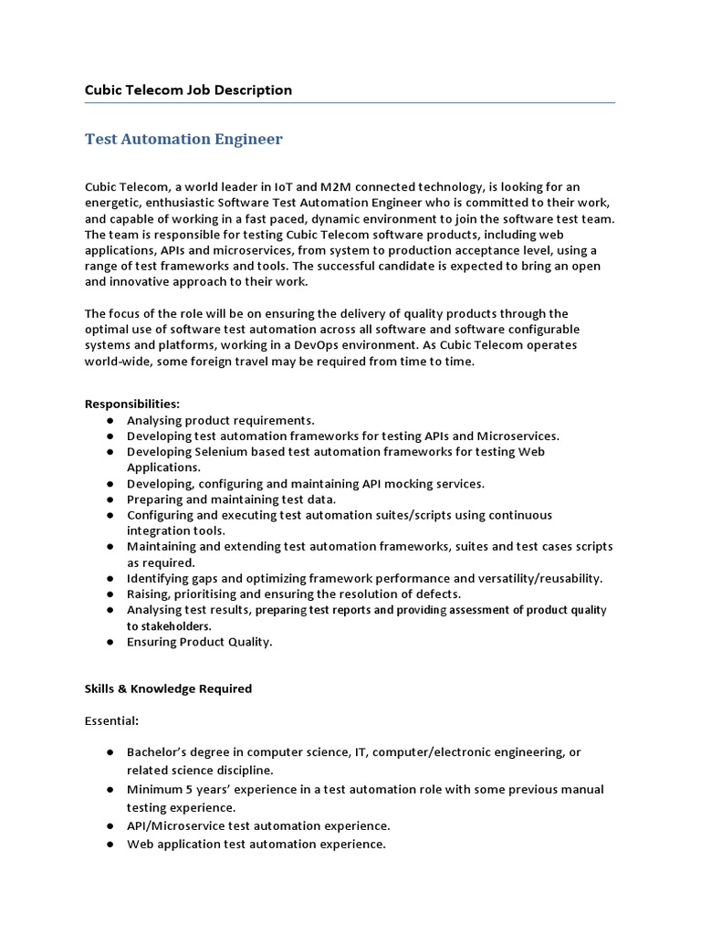 Test Automation Engineer: Cubic Telecom Job Description | PDF ...