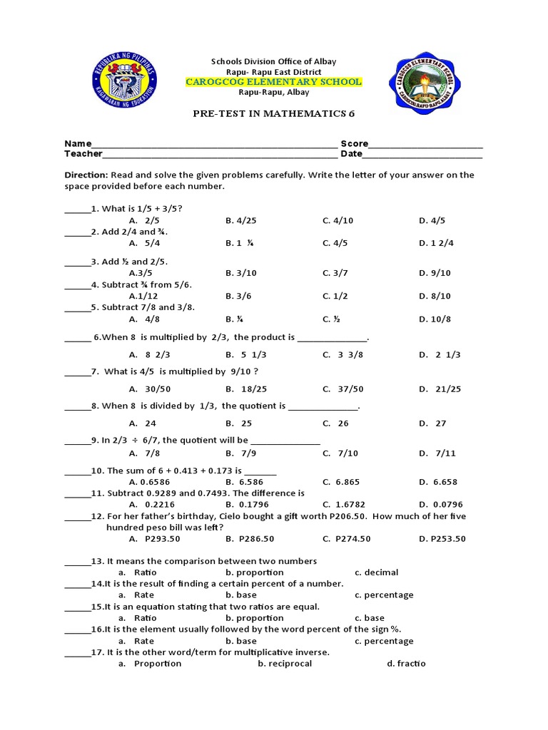 Pre-Test - Mathematics 6 | PDF | Volume | Ratio