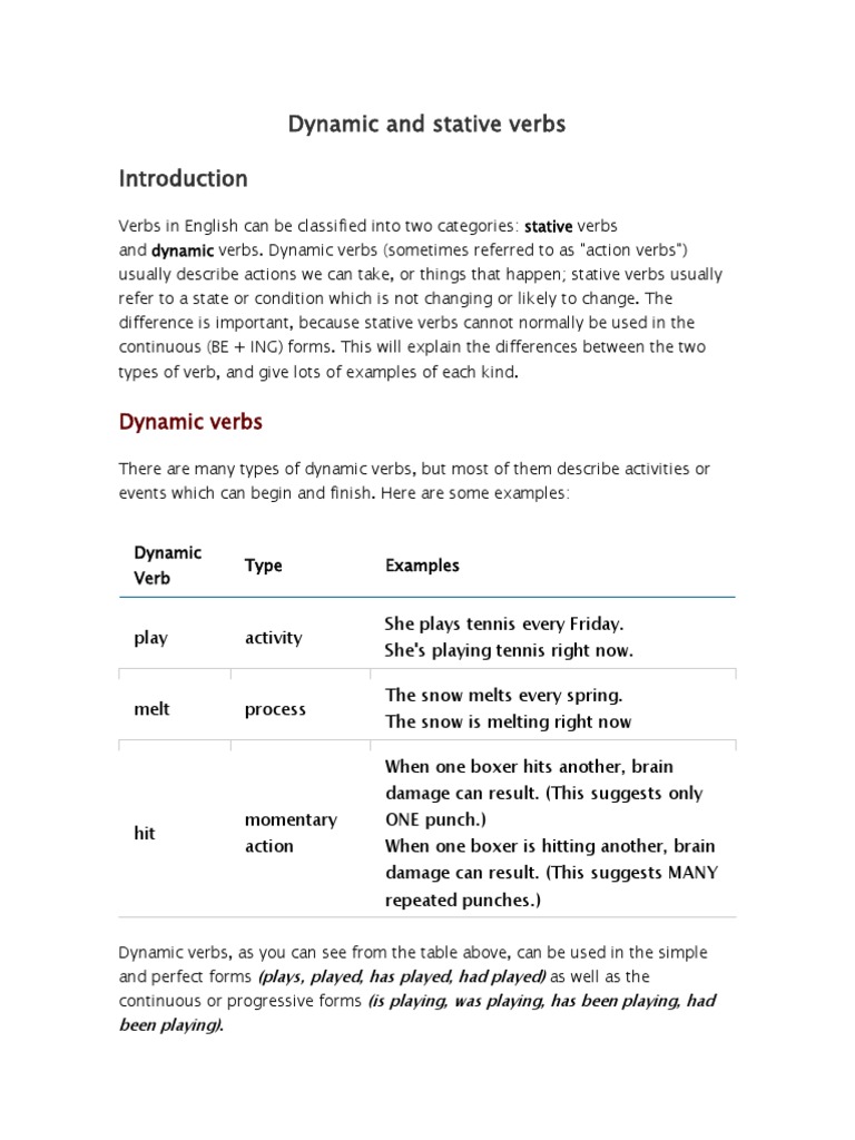 Dynamic vs Stative Verbs Guide | PDF | Perfect (Grammar) | English Language