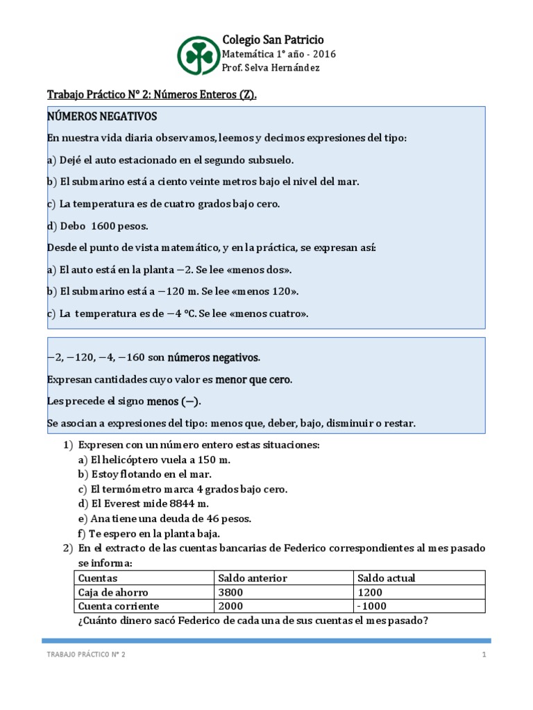 Colegio San Patricio Matemática 1 Año Prof. Selva Hernández | PDF ...