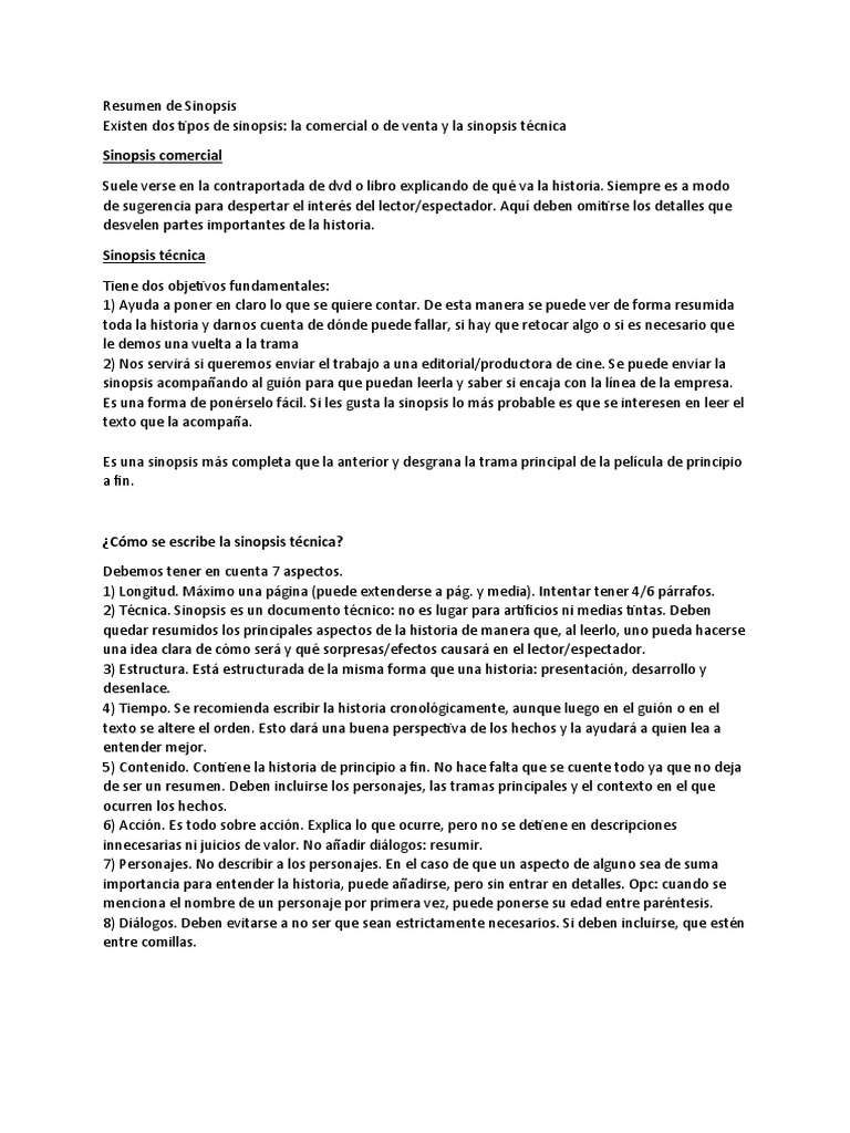 Resumen - Tipos de Sinopsis | PDF