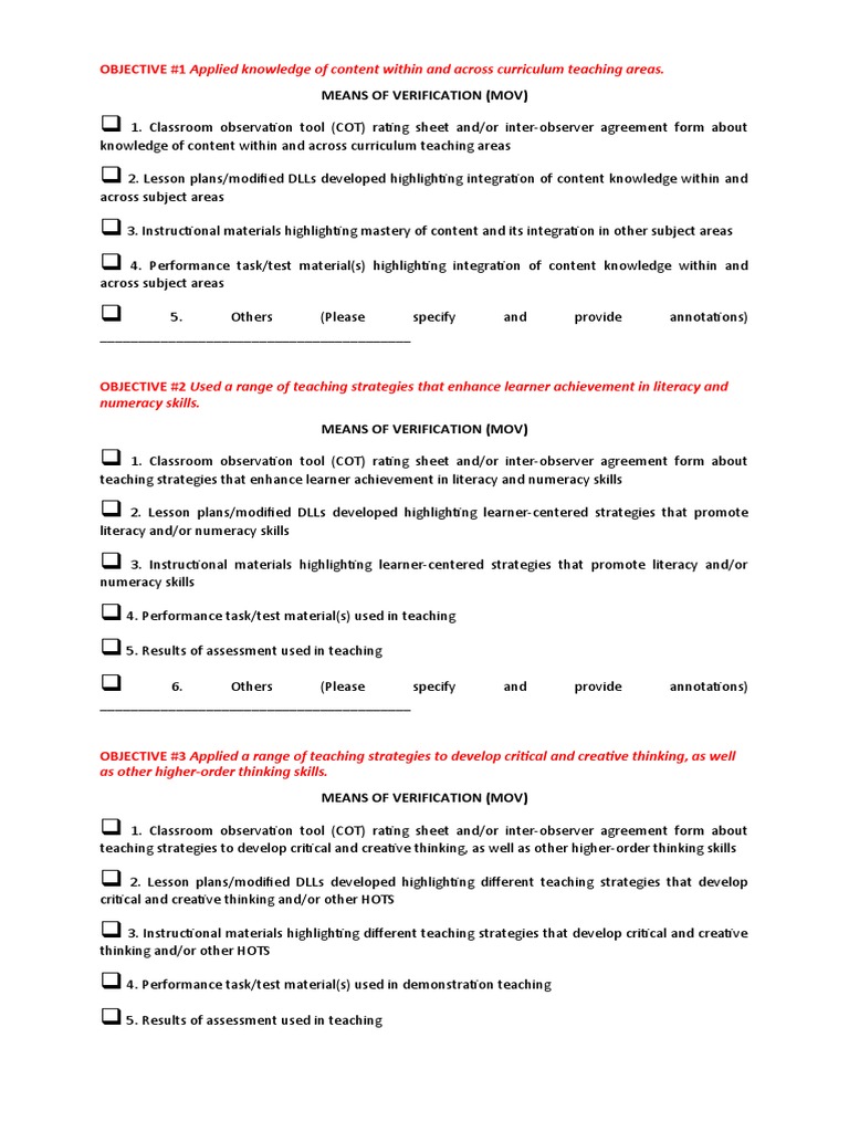 RPMS Objectives and MOVs Checklist | PDF | Lesson Plan | Educational ...
