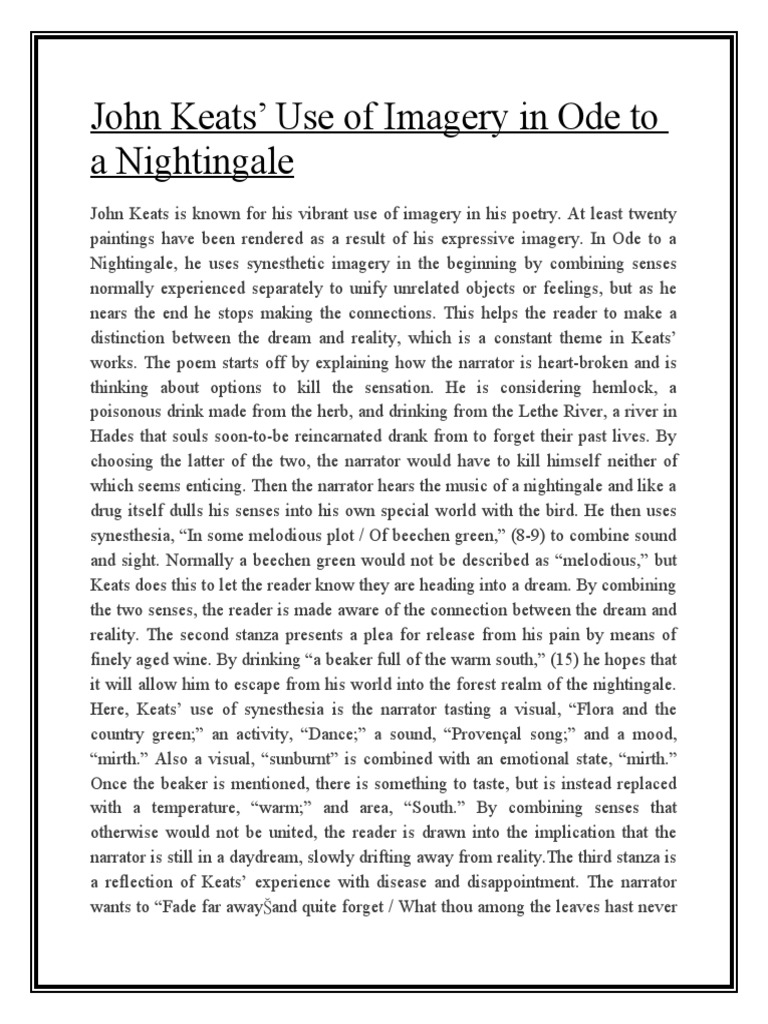 John Keats' Use of Imagery in Ode To A Nightingale | PDF | John Keats ...