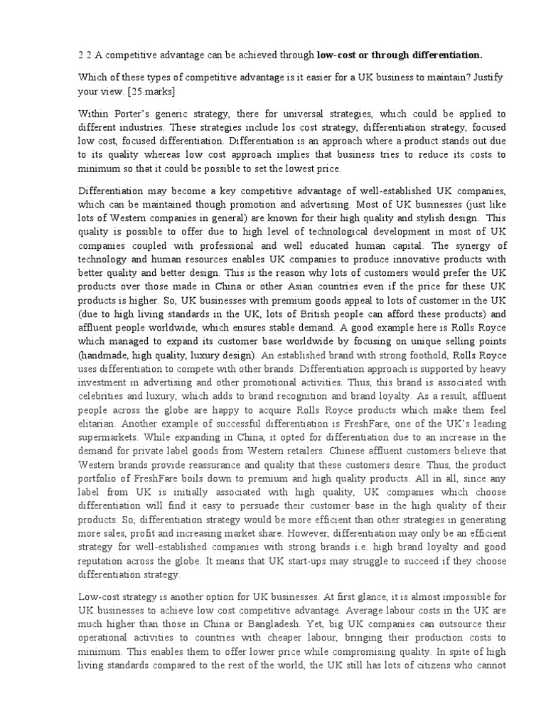 Business A-Level A Competitive Advantage Can Be Achieved Through Low ...