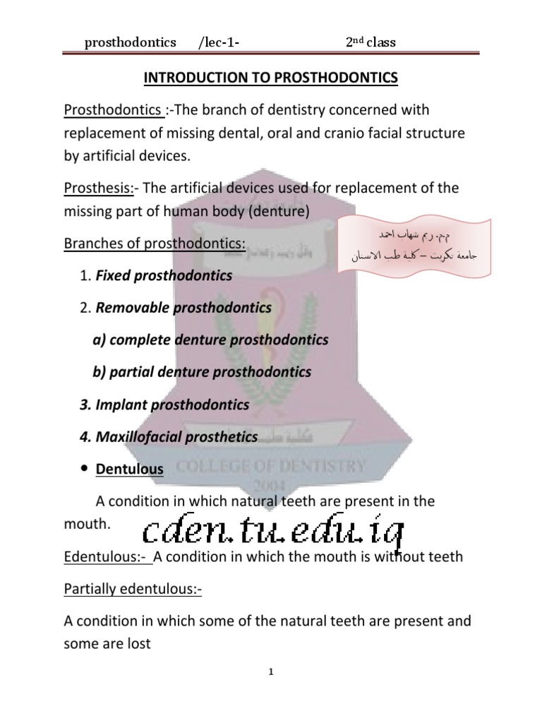 Introduction To Prosthodontics | PDF | Prosthodontics | Dentures