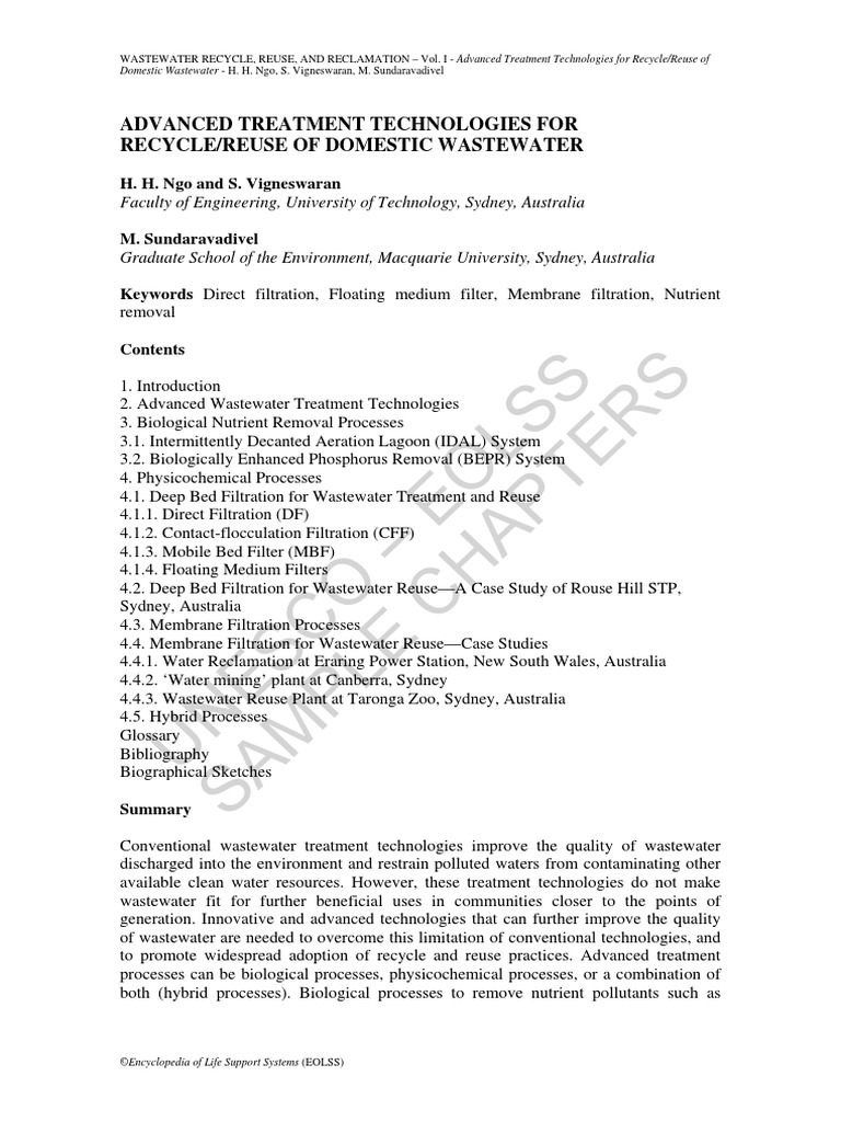 Advanced Treatment Technologies For Recycle Reuse of Domestic ...