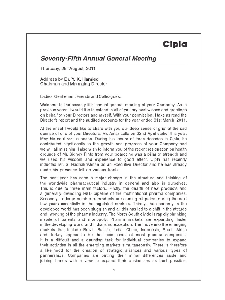 Chairman Speech 75th AGM | PDF | Pharmaceutical Industry | Monopoly