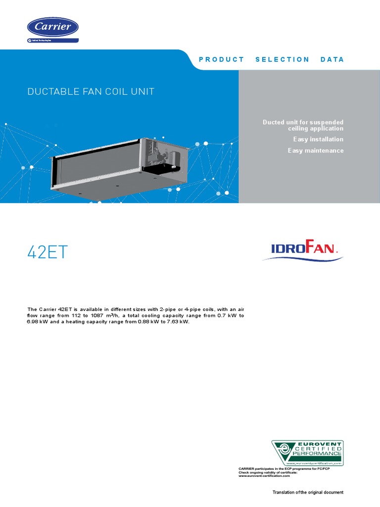 Ductable Fan Coil Unit: Product Selection Data | PDF | Valve | Pressure