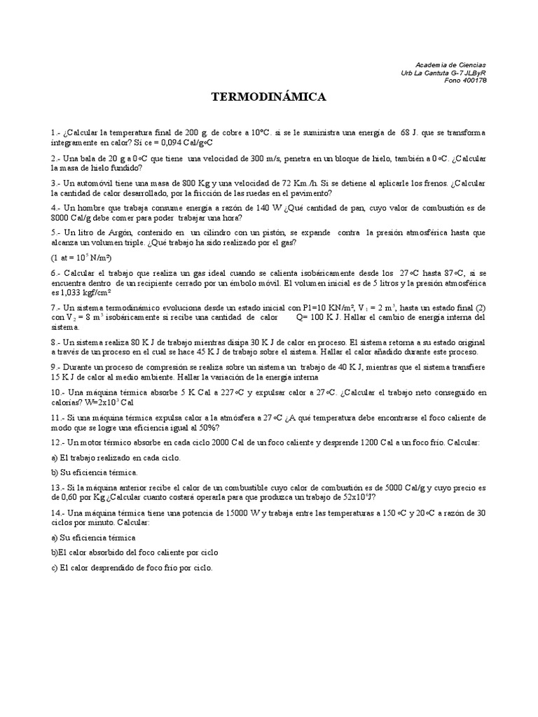Ejercicios de Termodinamica | PDF | Calor | Temperatura
