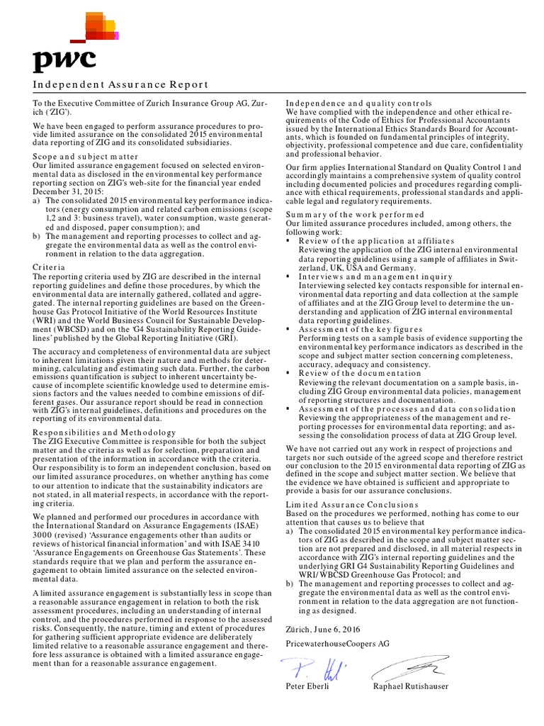 ISAE 3000 ISAE 3410 Assurance Statement by PWC 2015 | PDF | Business