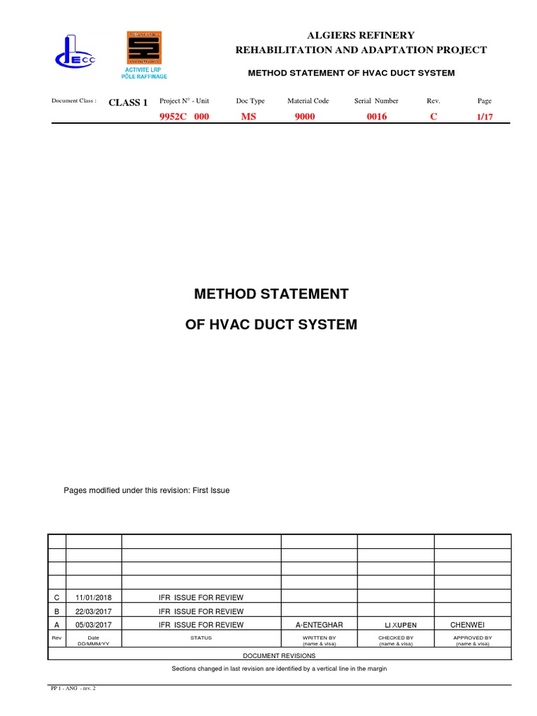 Method Statement of Hvac Duct System: Class 1 | PDF | Duct (Flow ...