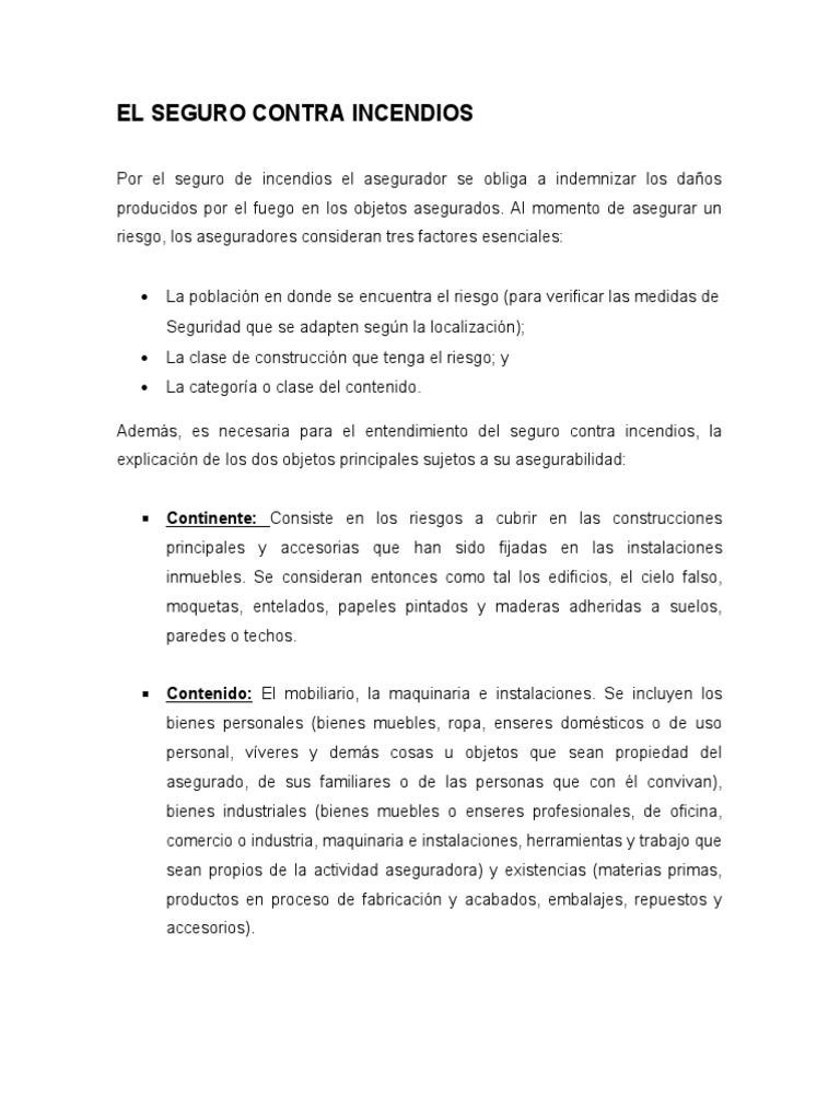 Seguro Contra Incendios: Cobertura y Riesgos | PDF | Póliza de seguros ...