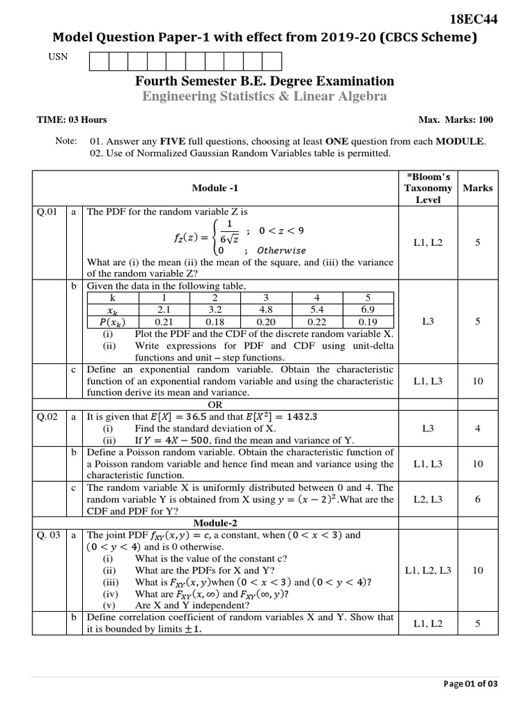 VTU Model Question Paper 18EC44 1 | PDF | Linear Algebra | Matrix (Mathematics)