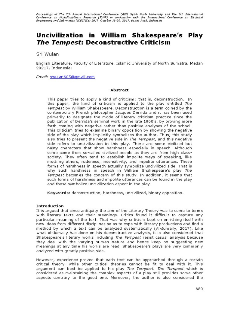 Uncivilization in William Shakespeare's Play The Tempest Deconstructive ...