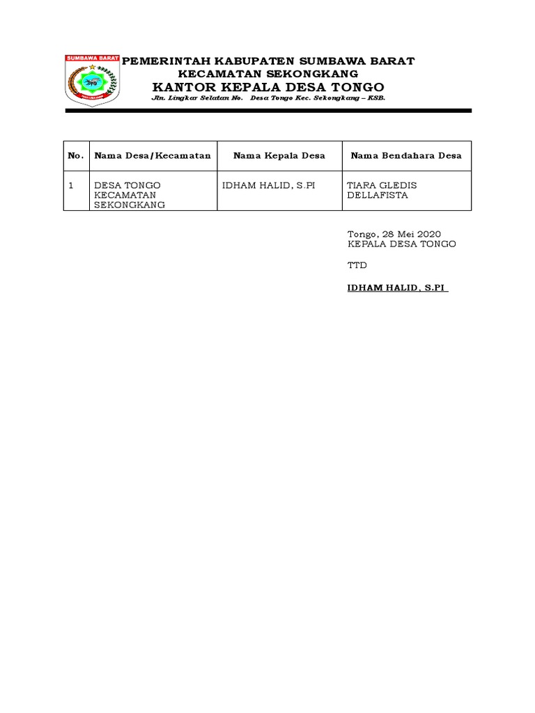 Data Nama Kepala Desa & Bendahara Desa Tongo | PDF