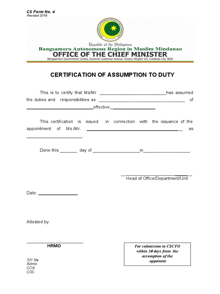 Certification of Assumption To Duty: CS Form No. 4 | PDF