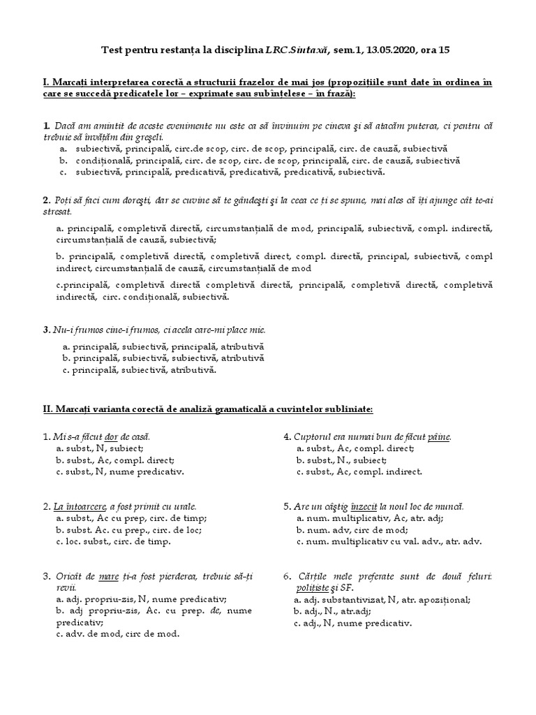 Test Sintaxa Sem.1 | PDF Test Sintaxa Sem.1 | PDF
